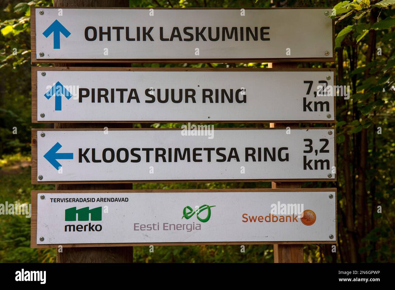 Hiking signpost in the forest along the Pirita River, Tallinn, Estonia ...