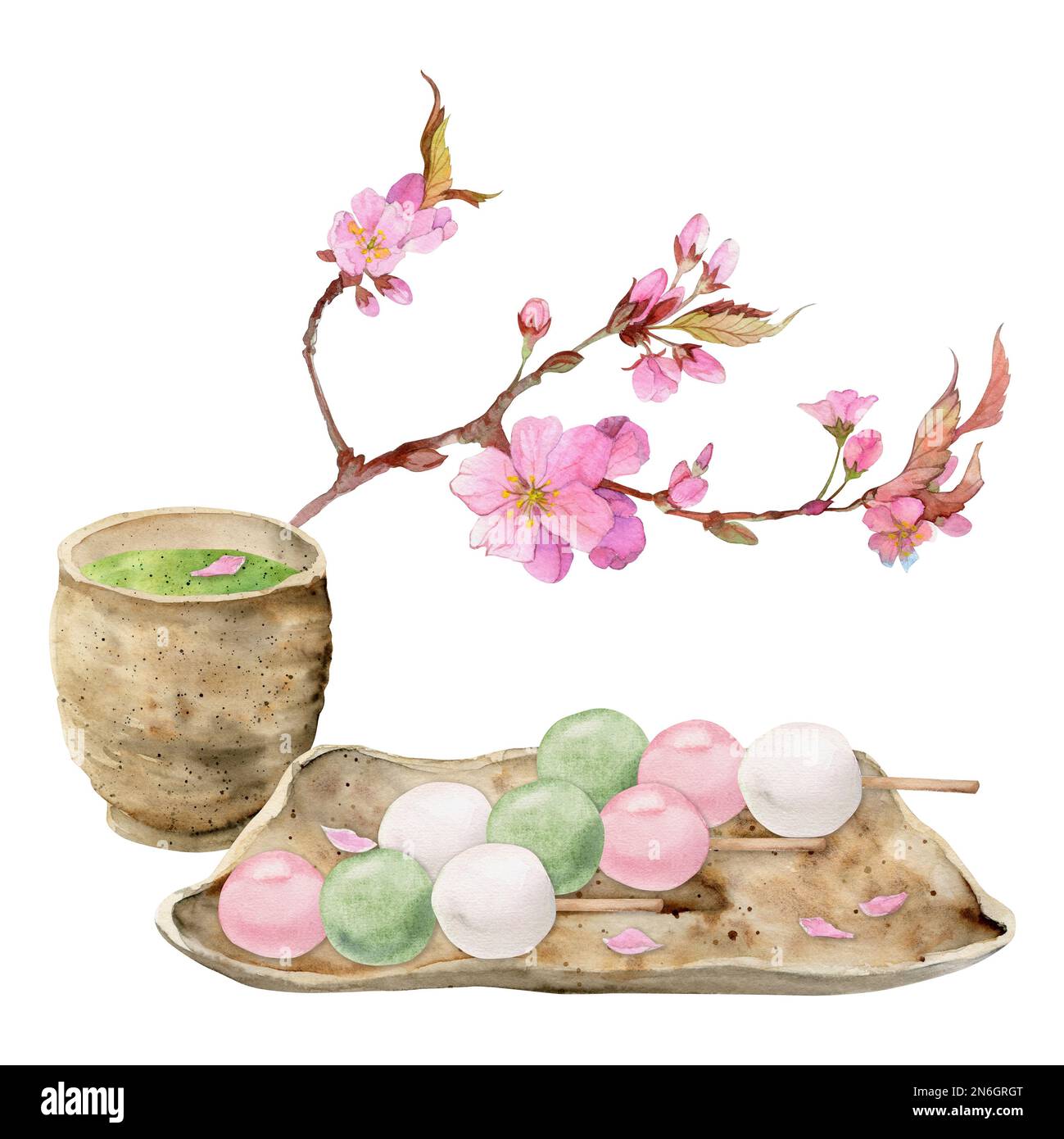 Watercolor hand drawn traditional Japanese sweets. Spring dango, sakura ...