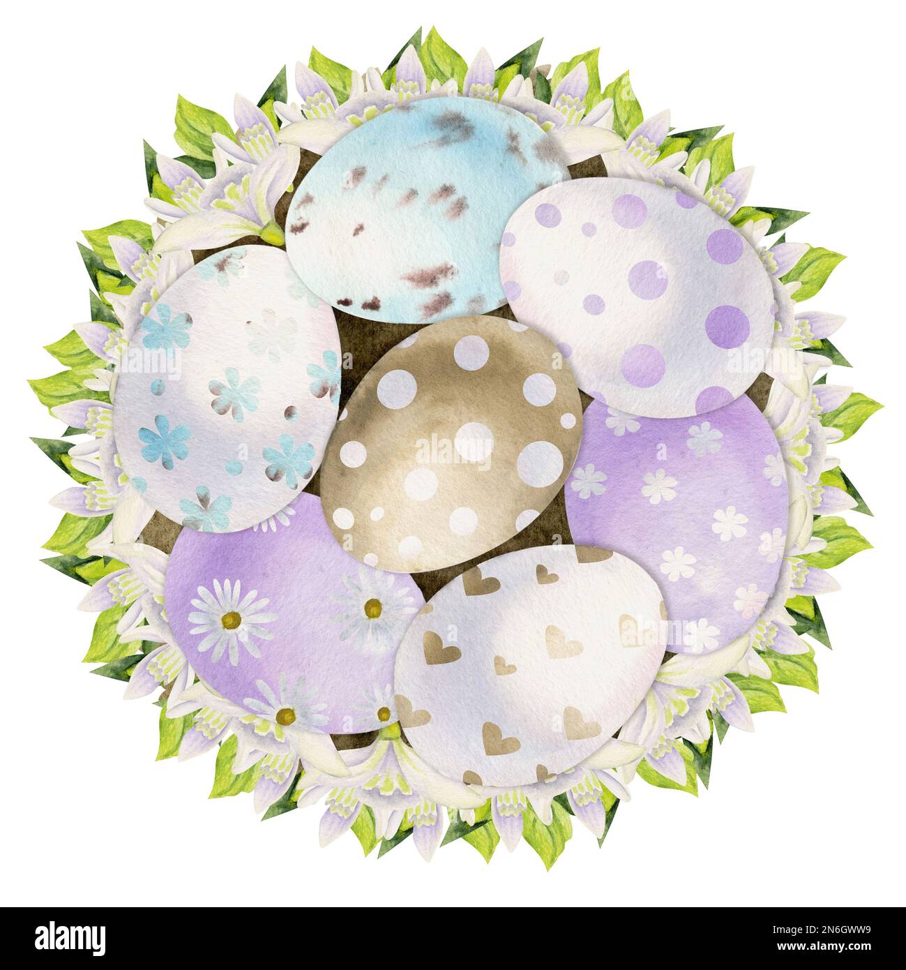 Watercolor hand drawn Easter celebration clipart. Nest wreath with ...