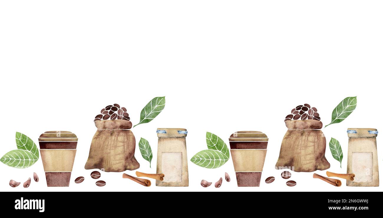 Watercolor hand drawn horizontal seamless banner with coffee cups ...