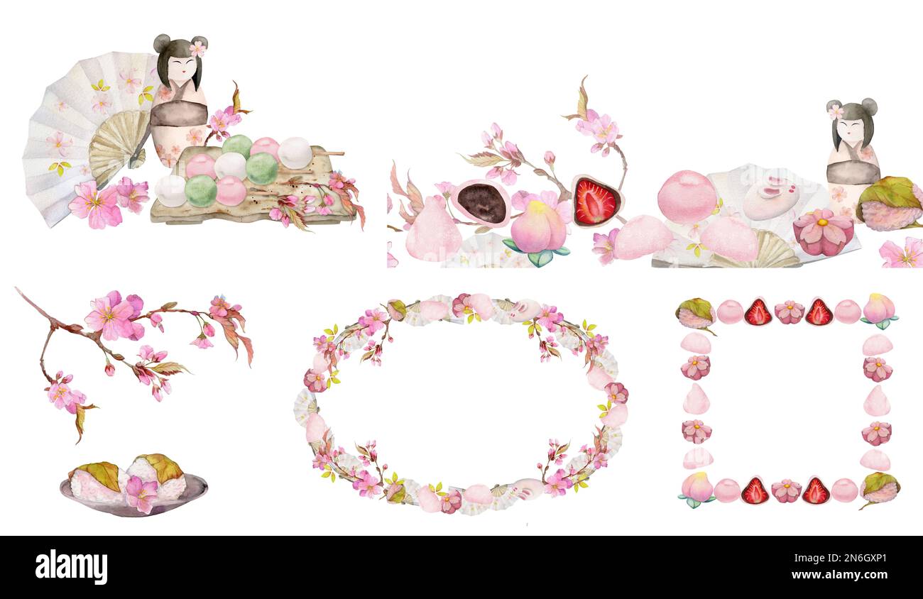 Watercolor hand drawn traditional Japanese sweets. Set of compositions ...