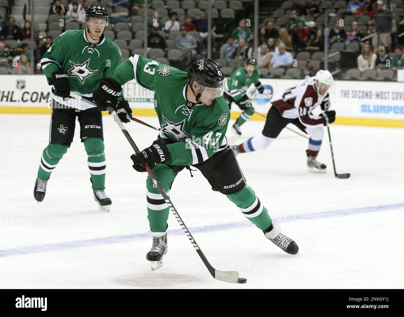 Dallas Stars right wing Valeri Nichushkin (43) of Russia controls the ...