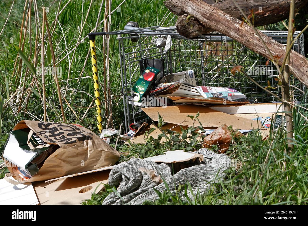 Environmental waste in the landscape, stolen shopping trolley in nature ...