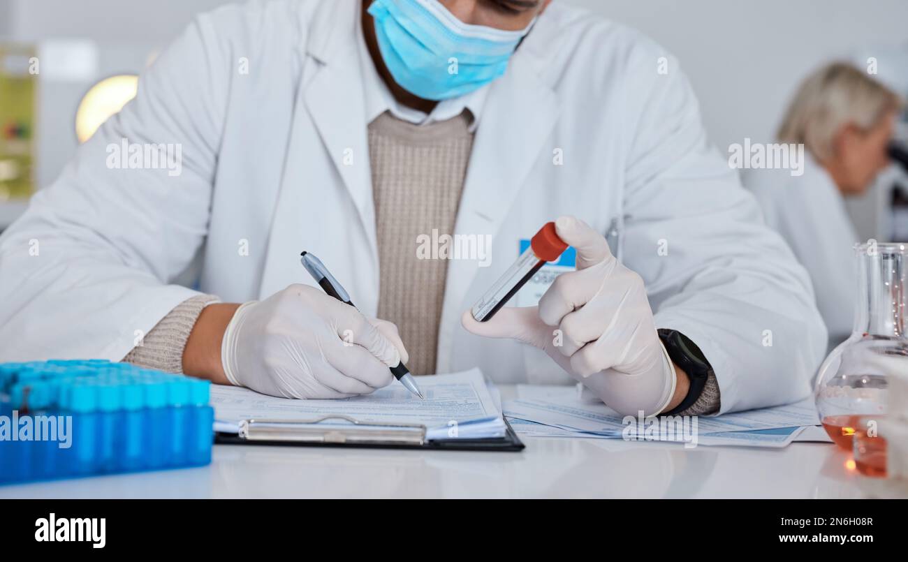 Science, writing and man in laboratory with blood sample for dna ...