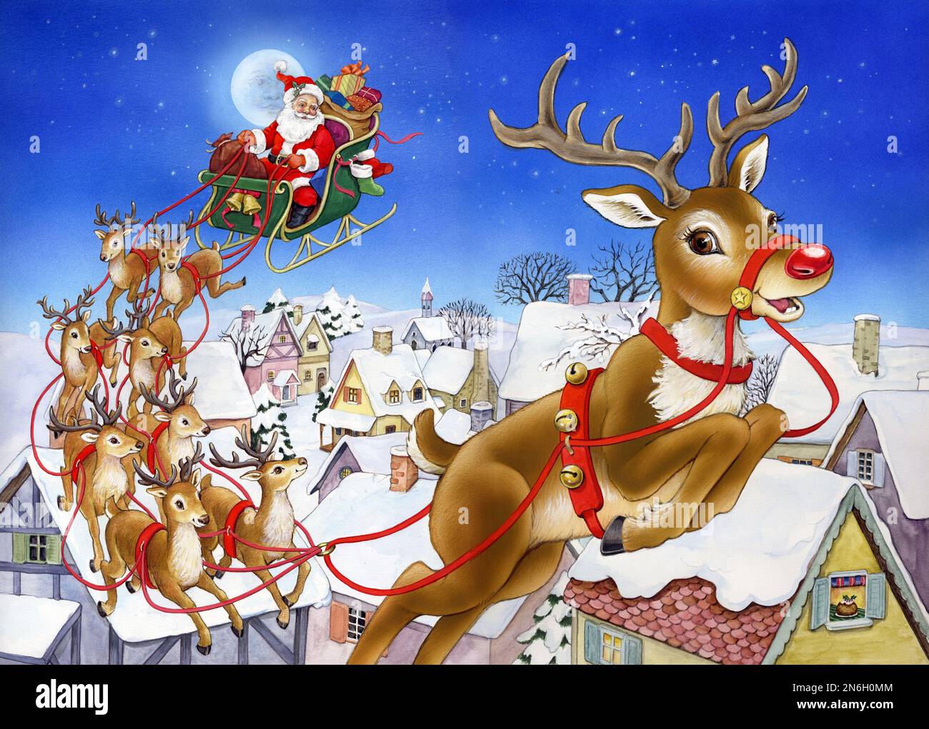 Rudolph & other reindeers pulling Santa in sleigh over snow rooftops Stock Photo - Alamy