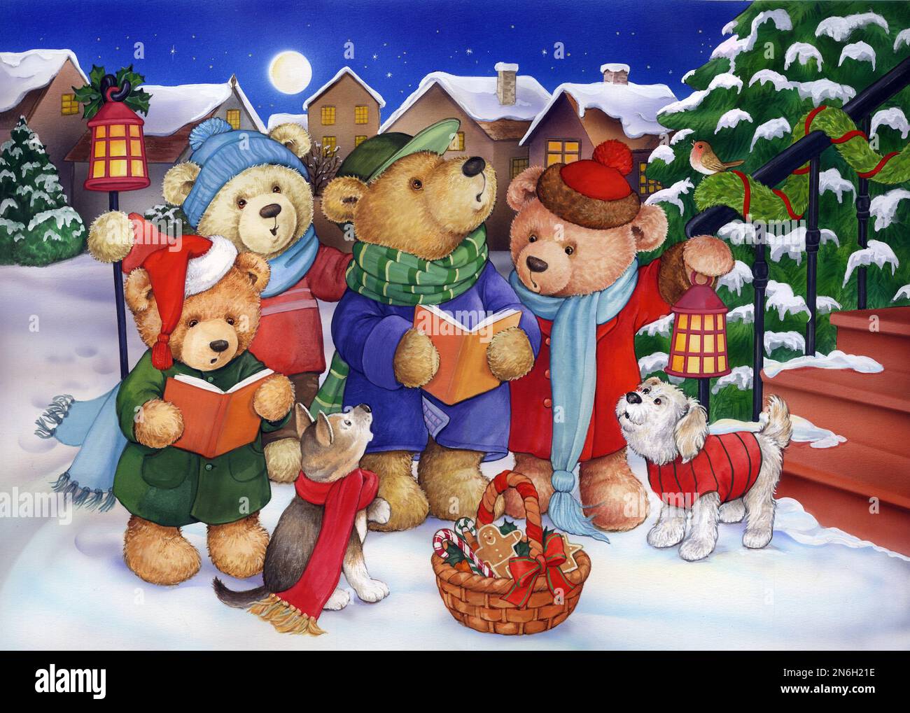 Teddy group -singing Christmas carols in snow at night time Stock Photo ...