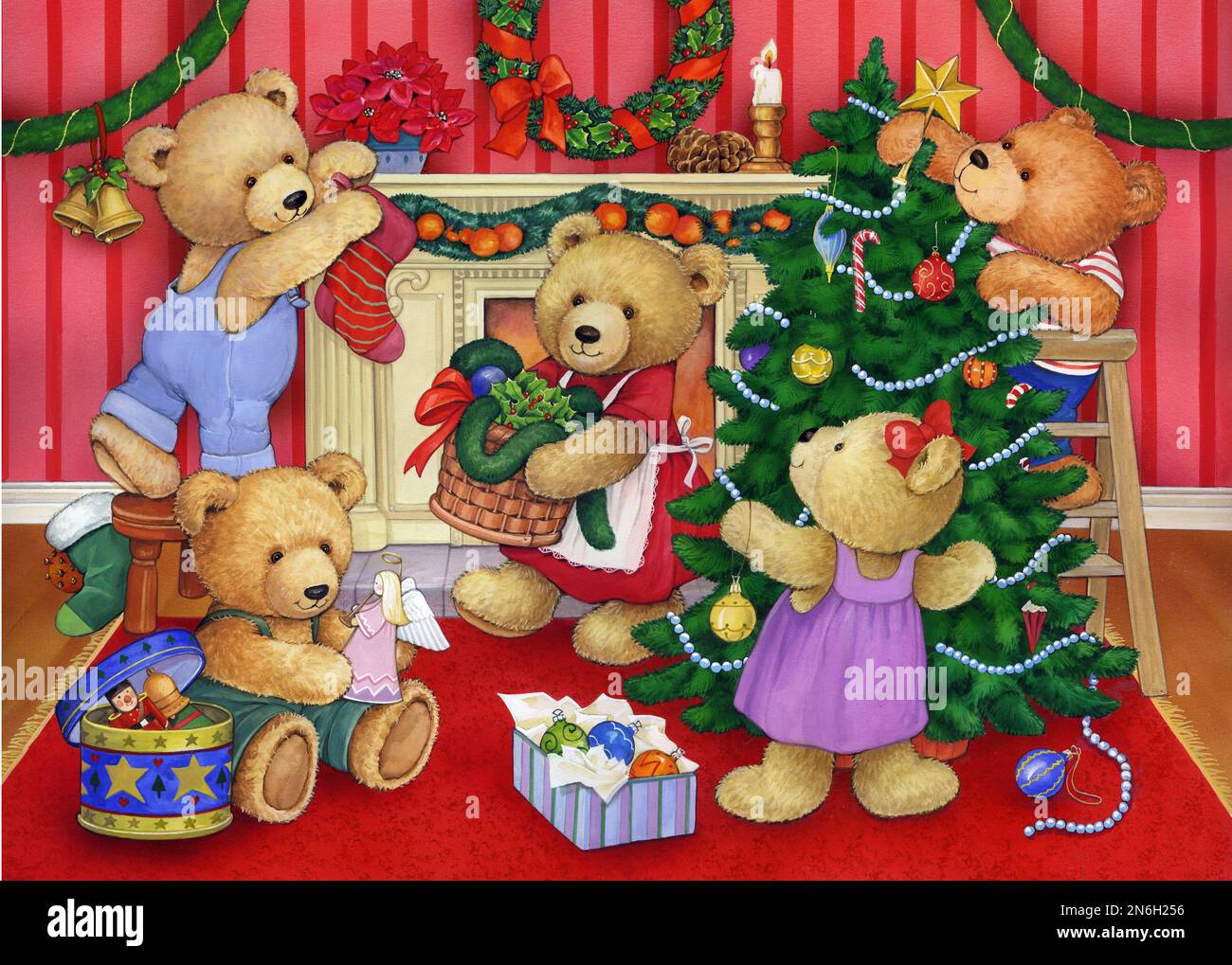 Teddy group Deck the halls at Christmas illustration Stock Photo - Alamy