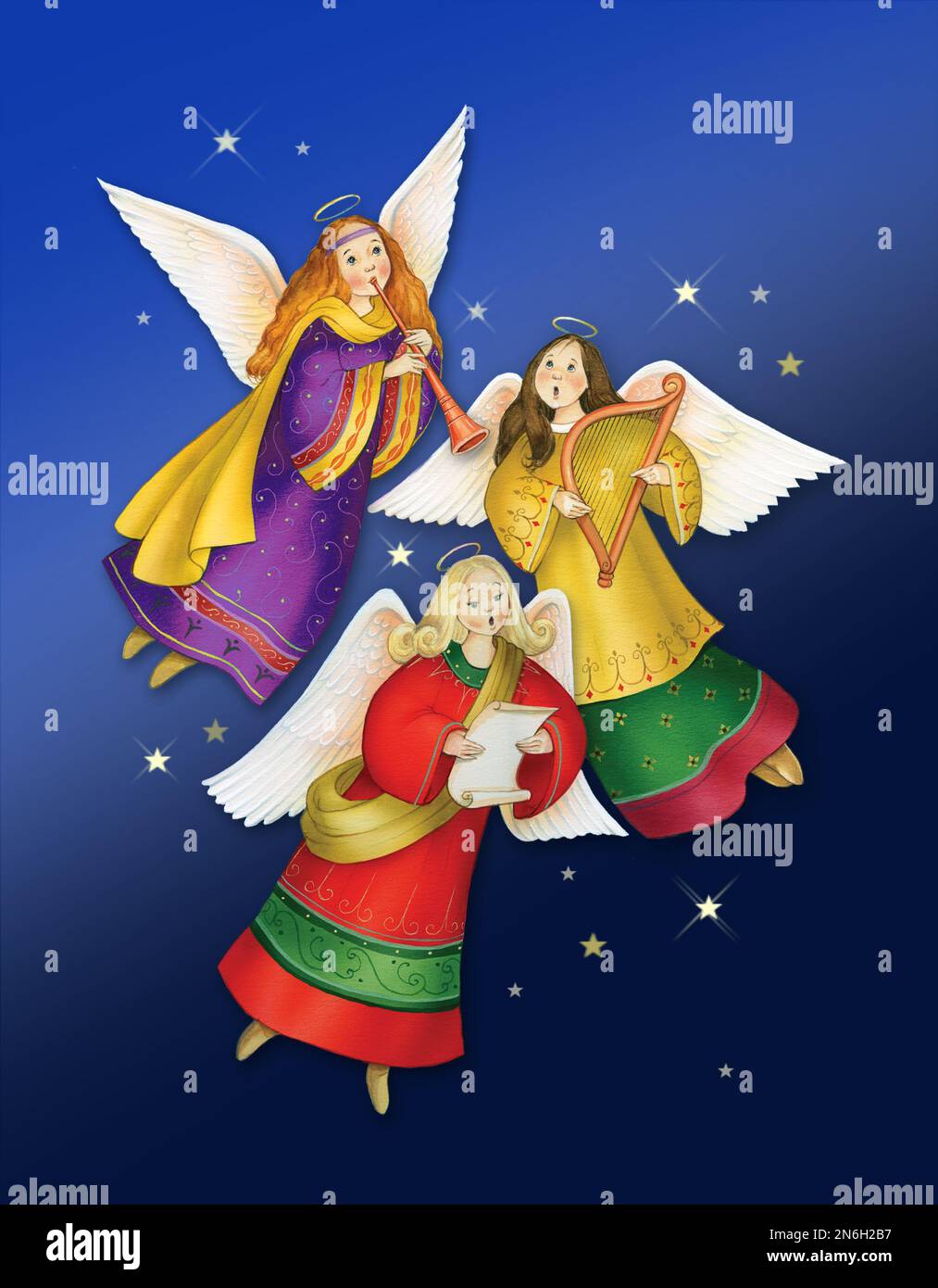 three Christmas angels in sky with musical instruments illustration ...