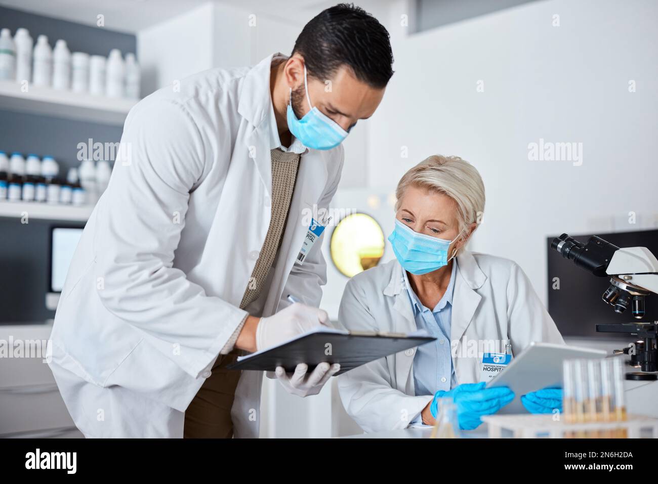 Science, paperwork and people medical mask in laboratory compliance ...