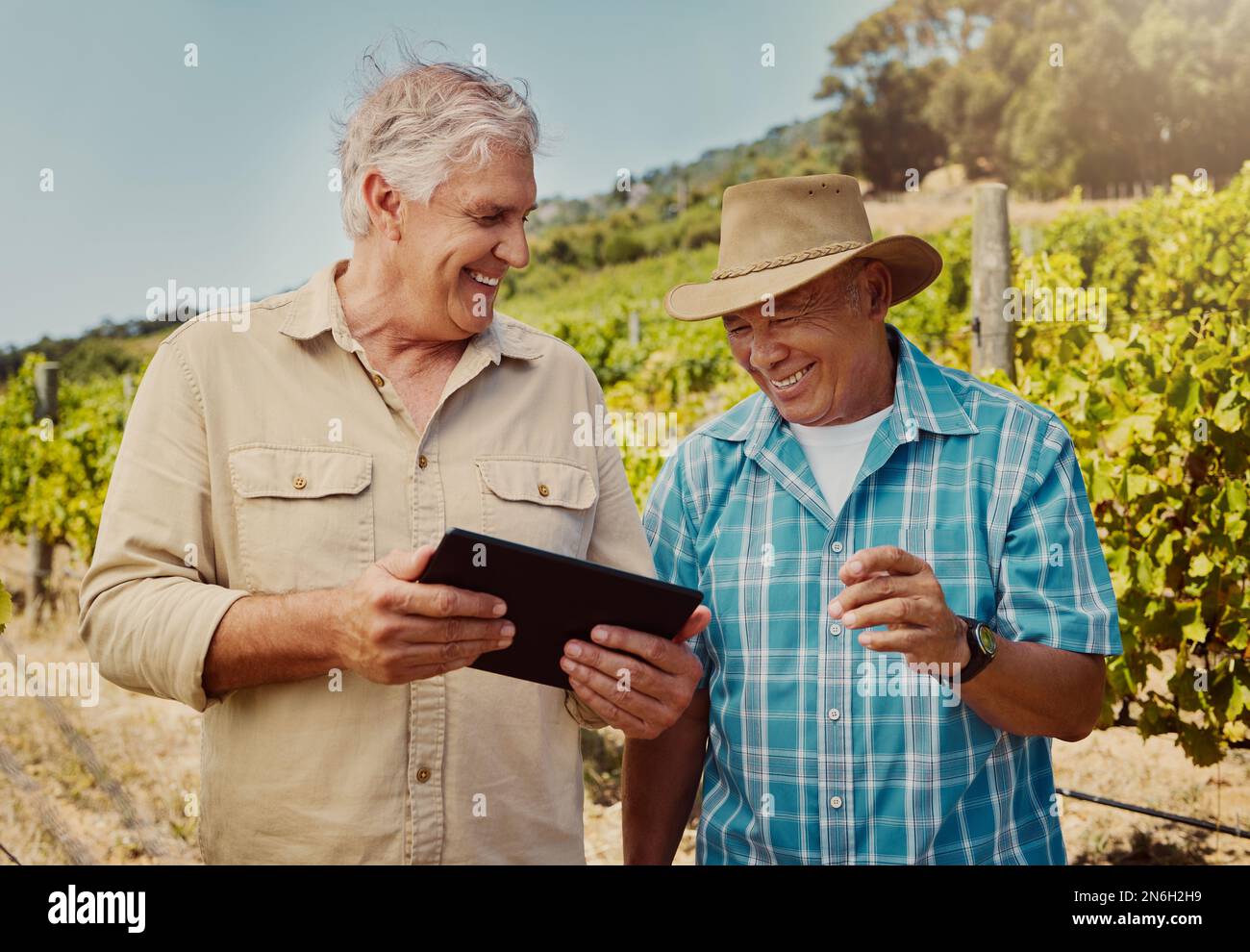 Two happy senior farmers standing and talking while using a digital ...