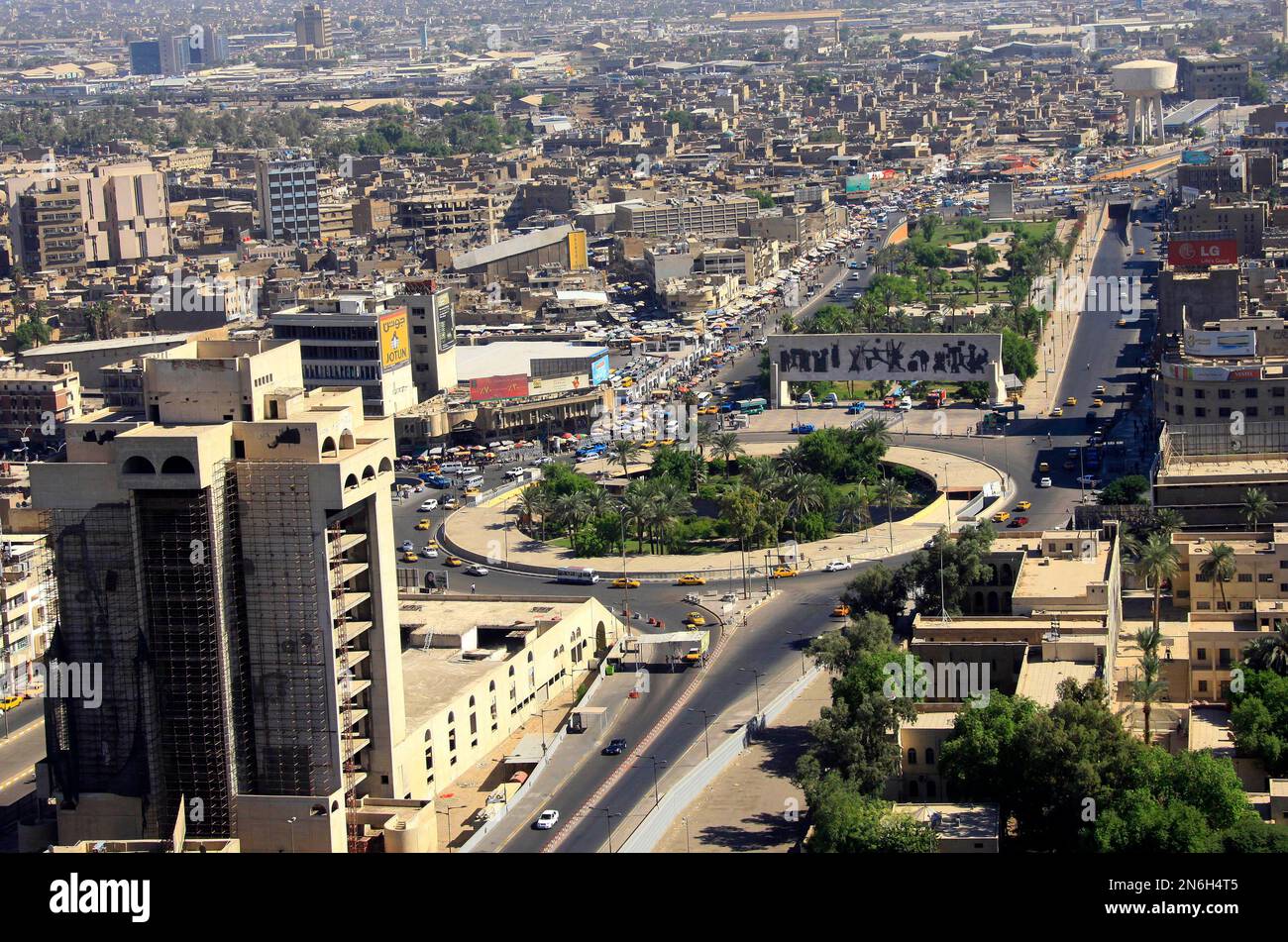 An aerial view of Tahrir Square in downtown Baghdad, Iraq, is seen ...