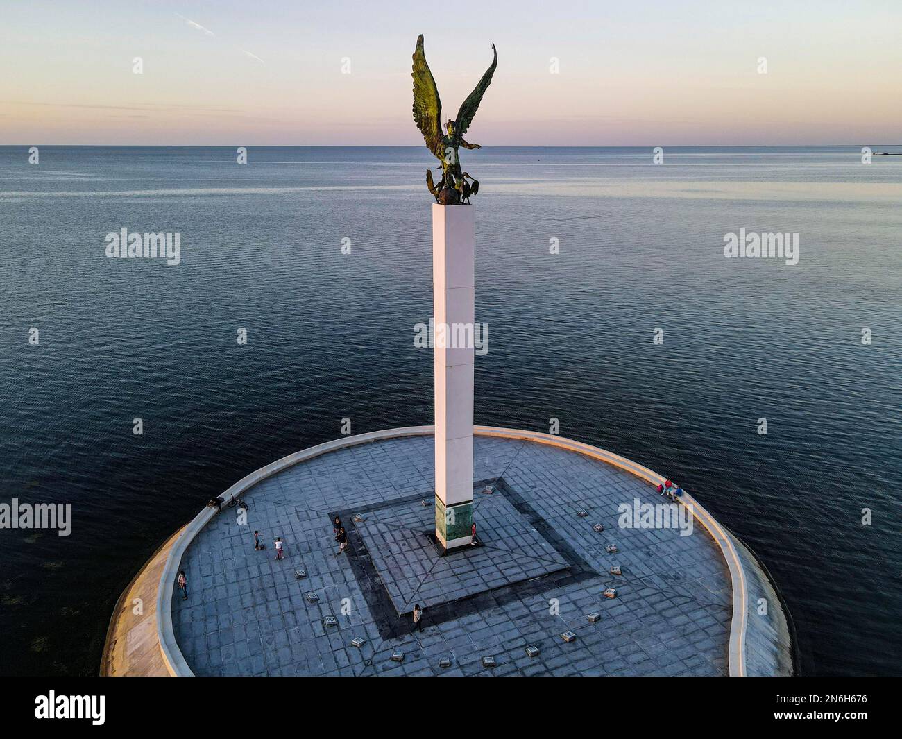 Aerial of the Angel Maya statue, Malecon, Unesco world heritage site ...