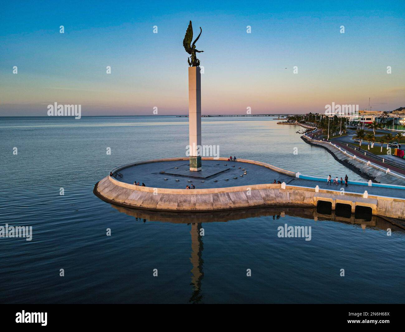 Aerial of the Angel Maya statue, Malecon, Unesco world heritage site ...