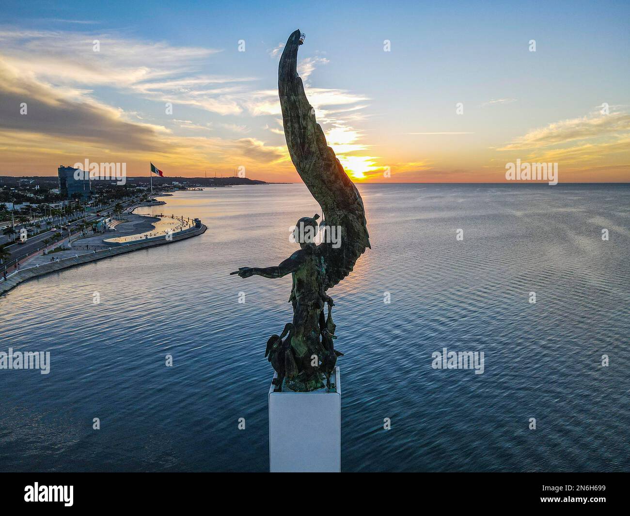 Aerial of the Angel Maya statue, Malecon, Unesco world heritage site ...