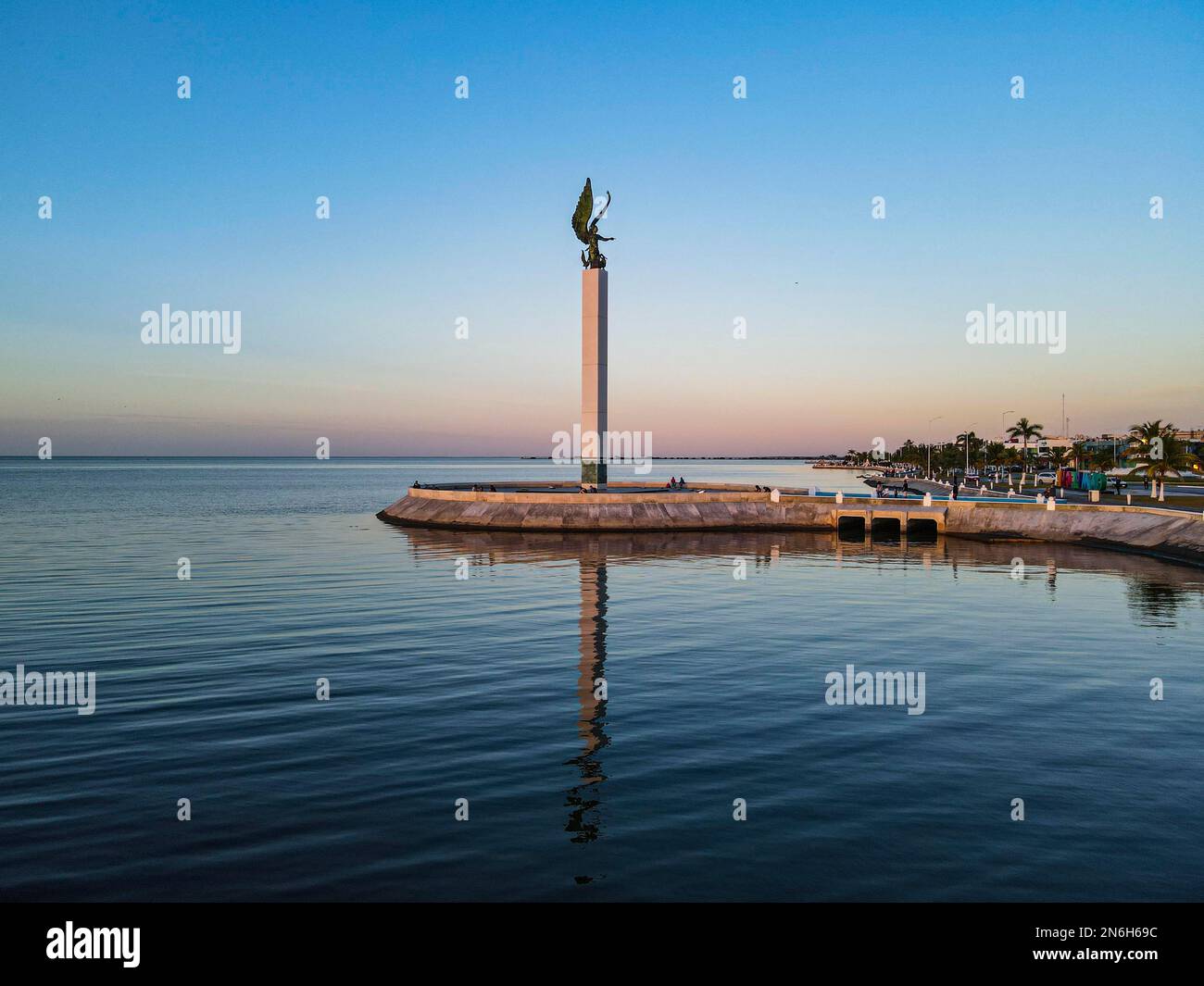 Aerial of the Angel Maya statue, Malecon, Unesco world heritage site ...