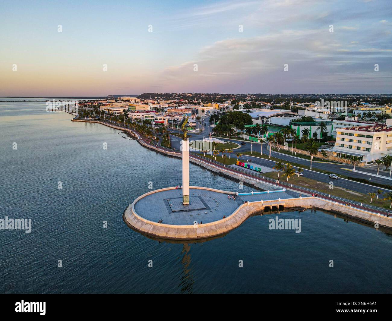Aerial of the Angel Maya statue, Malecon, Unesco world heritage site ...