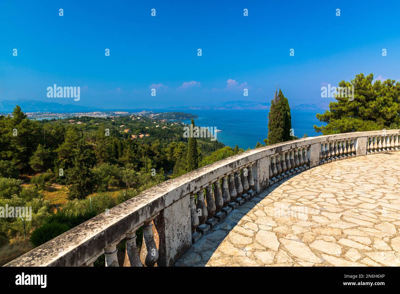 View from the garden terrace of the Achilleion on the island of Corfu ...