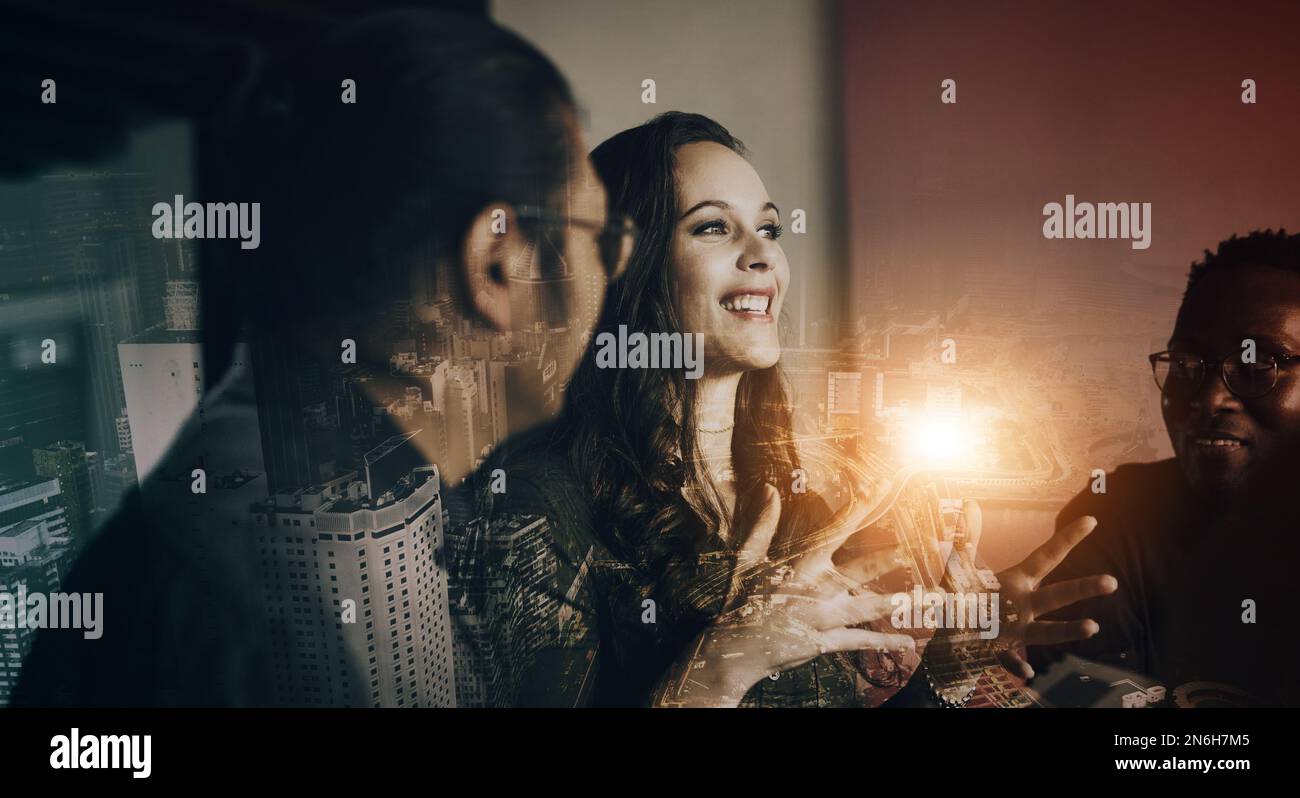 Teamwork, future overlay and business people in meeting for ...