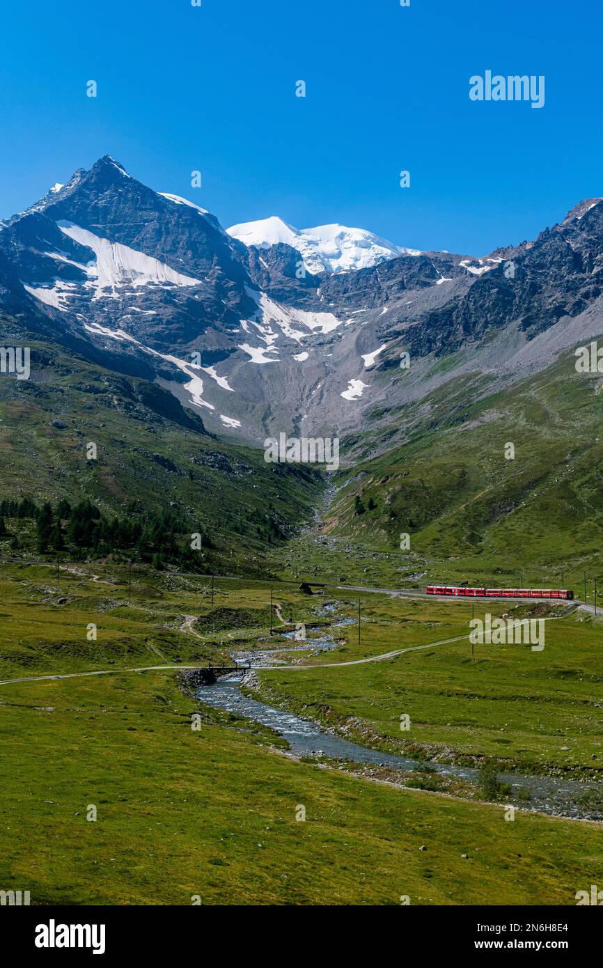 Unesco world heritage site Rhaetian Railway crossing the Bernina pass ...