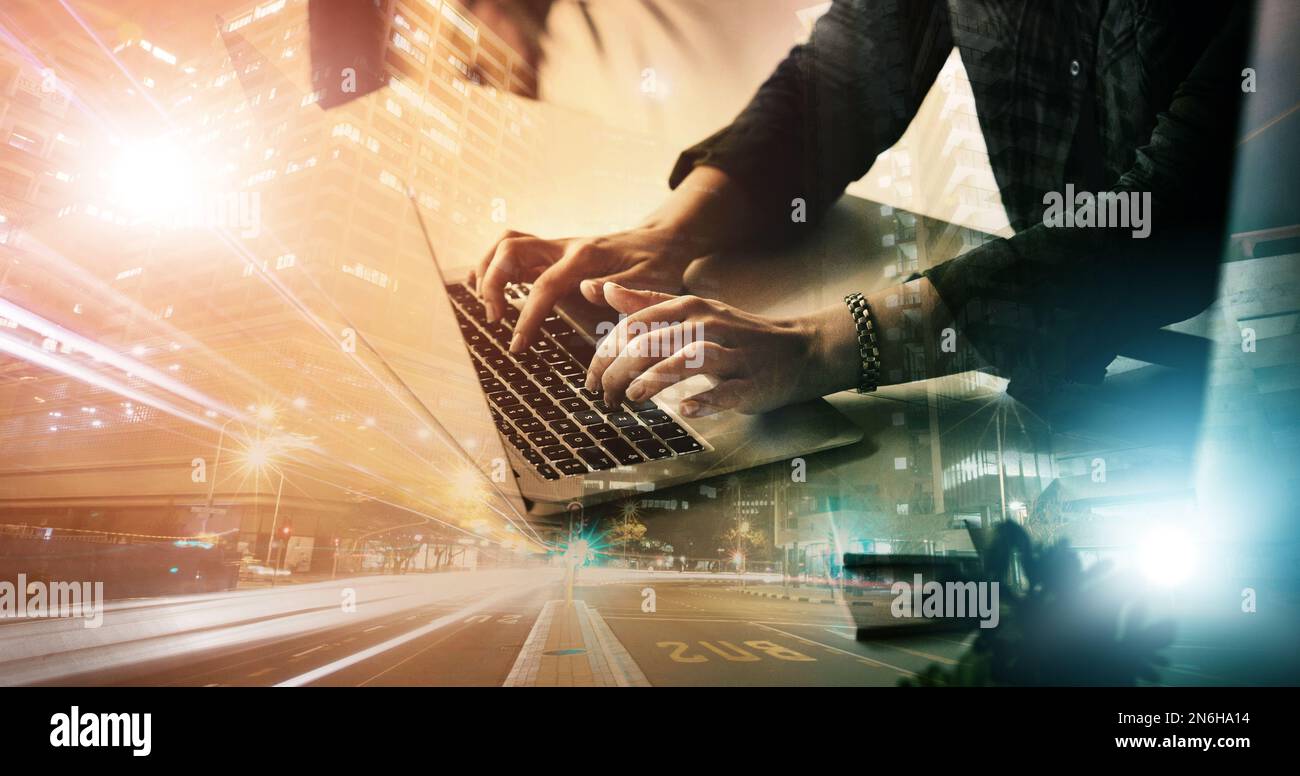 Laptop, planning and hands with city overlay or double exposure for ...
