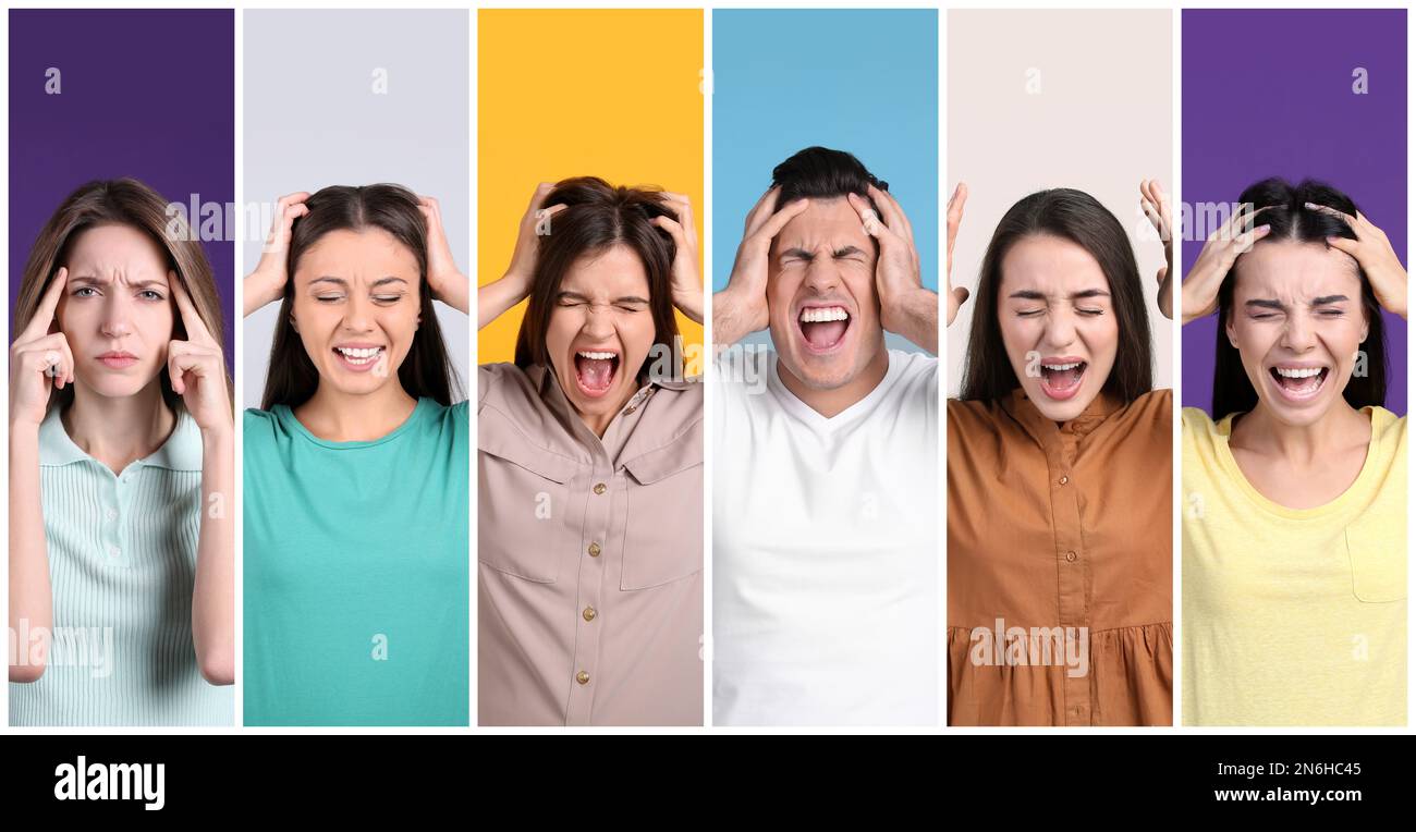 Collage with photos of stressed people on color backgrounds Stock Photo ...