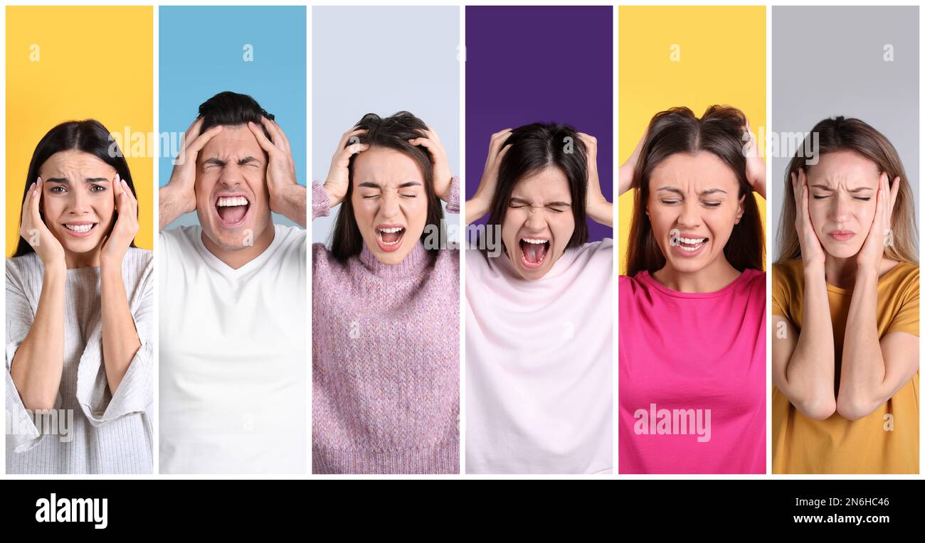 Collage with photos of stressed people on color backgrounds Stock Photo ...