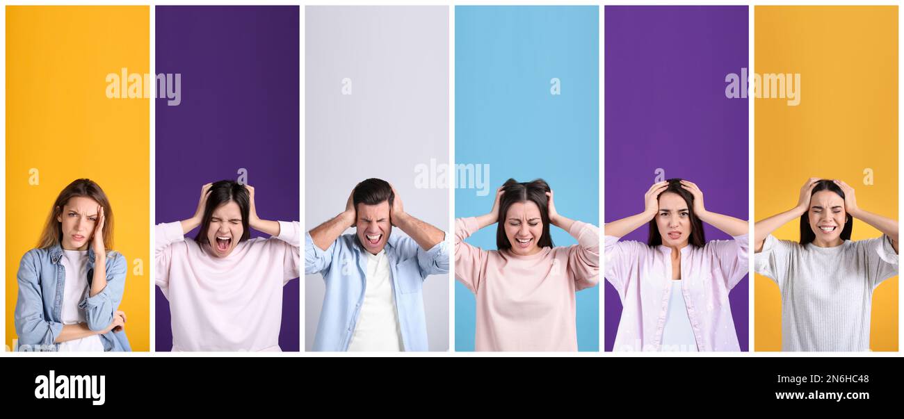 Collage with photos of stressed people on color backgrounds Stock Photo ...