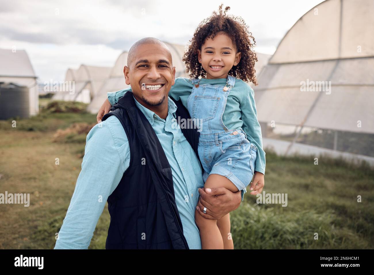 Agriculture, farm and portrait of father with girl enjoy quality time ...
