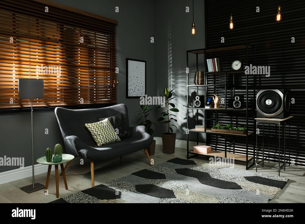 Modern audio speaker system on shelving in living room. Interior design ...