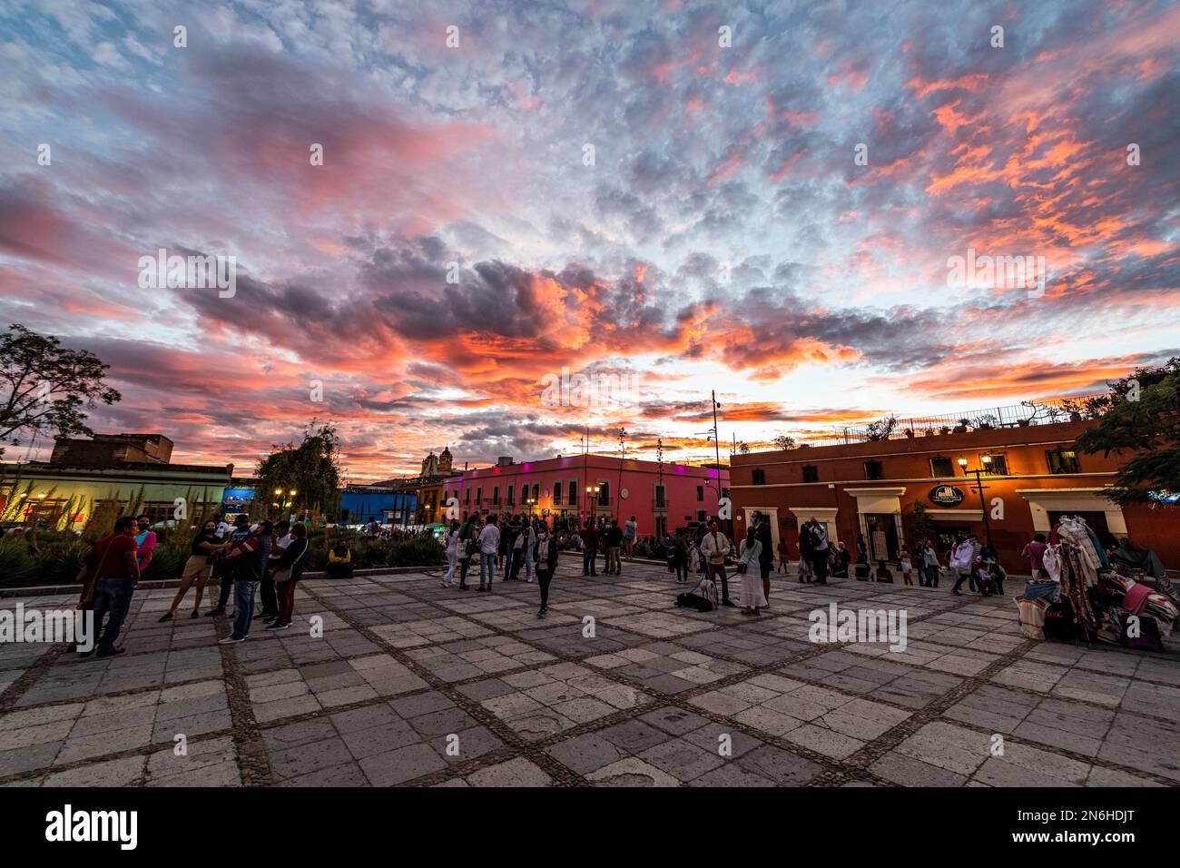 Square before the Church of Santo Domingo de Guzman at sunset, Oaxaca ...