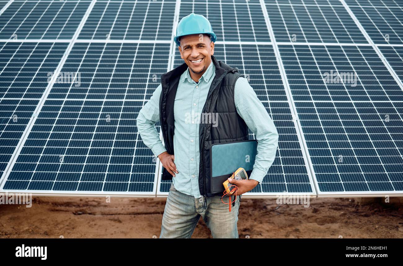 Solar panels, man and portrait of engineering for industry ...