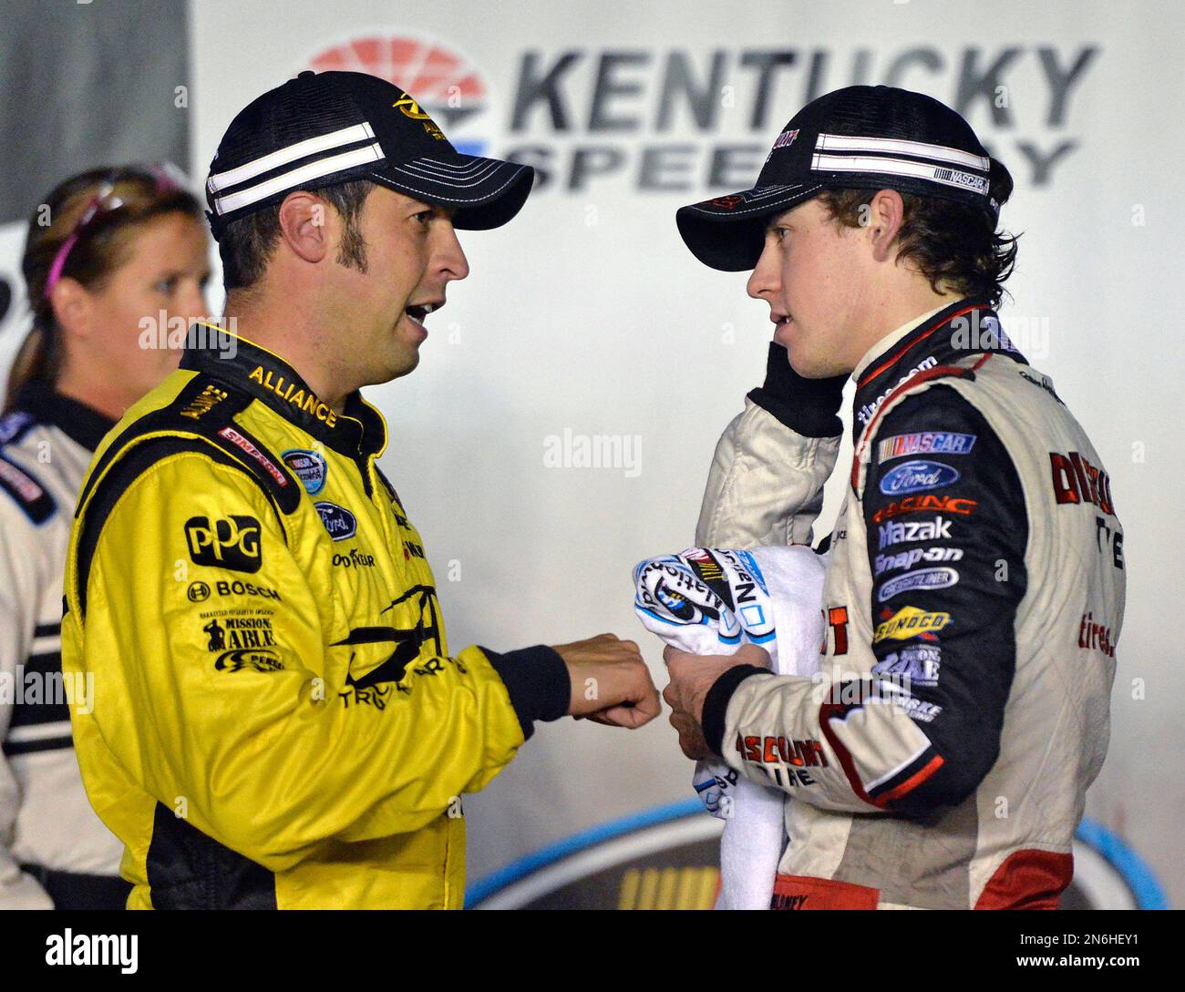Sam Hornish Jr., left, congratulates Ryan Blaney after his victory in ...