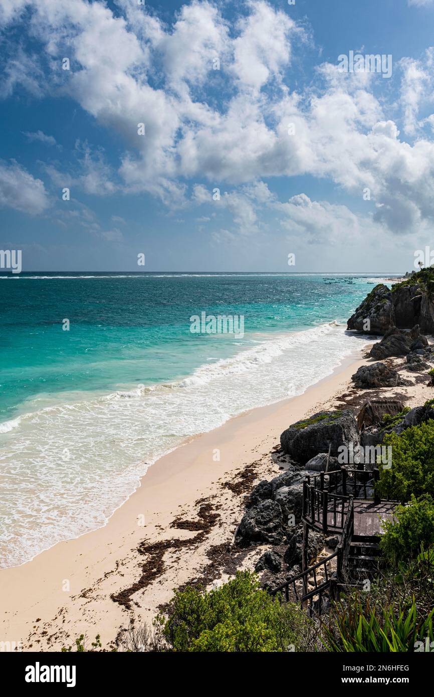 View on the ocean, Pre-Columbian Mayan walled city Tulum, Quintana Roo ...
