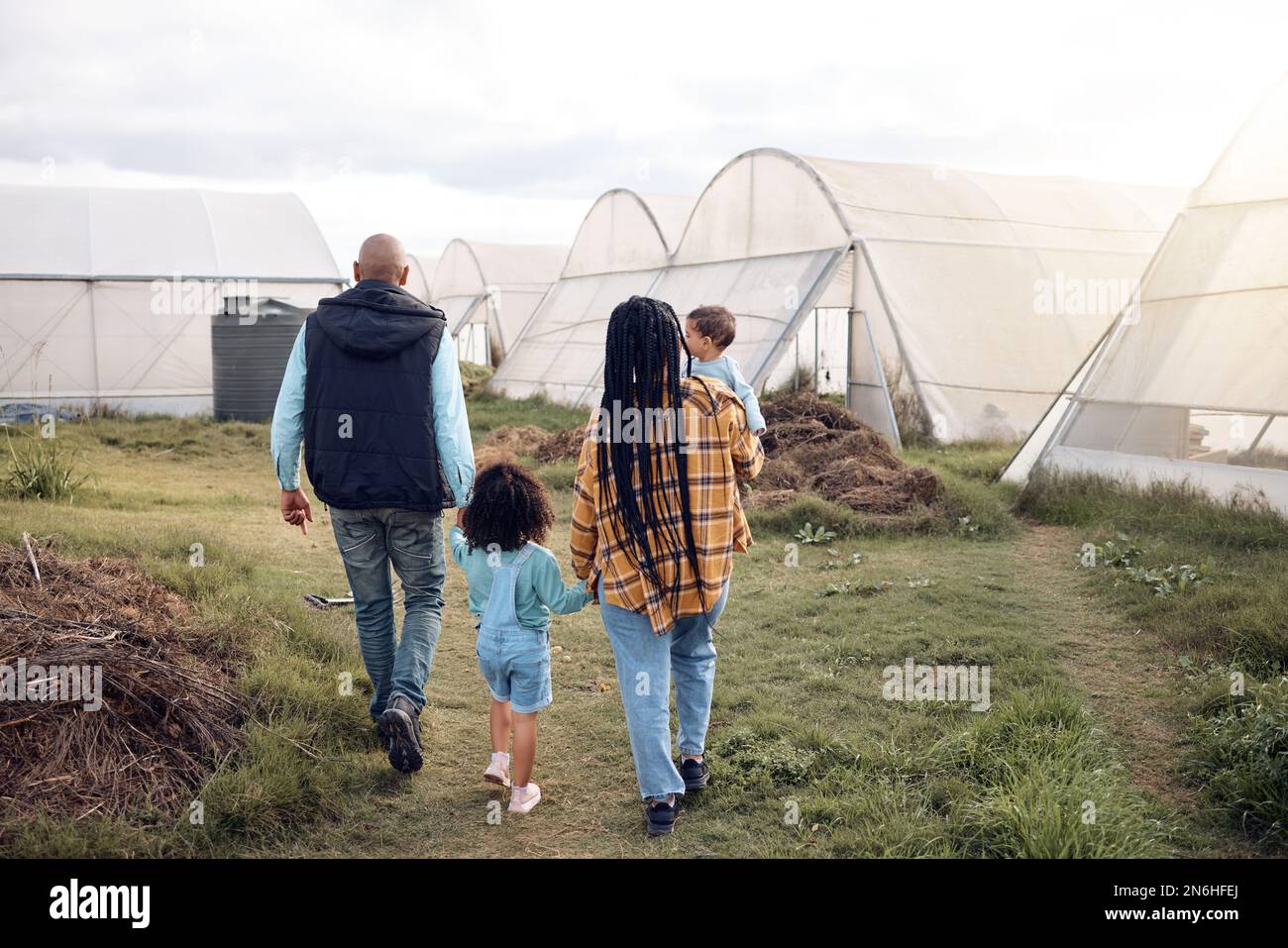 Farmer family walk, people holding hands on farm and agriculture ...