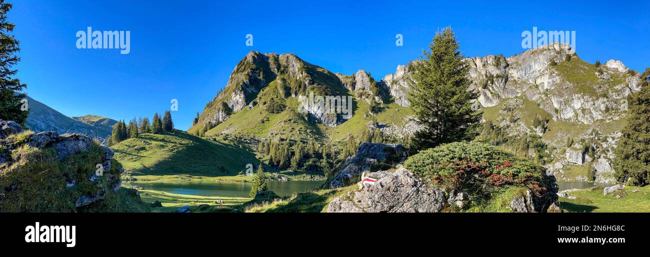 Hiking trail marking on a stone at Seebergsee, Diemtigtal nature Park ...