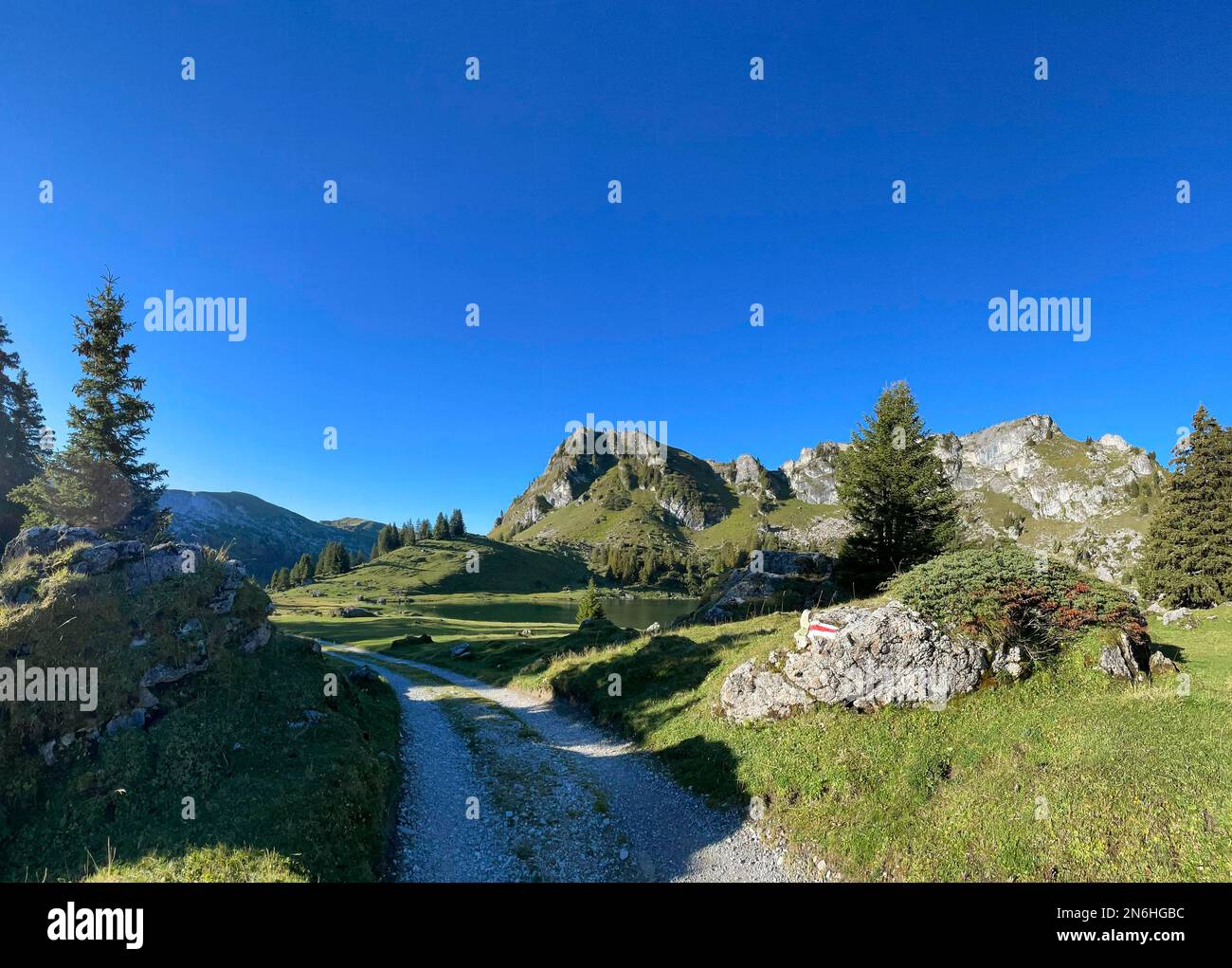 Hiking trail marking on a stone at Seebergsee, Diemtigtal nature Park ...