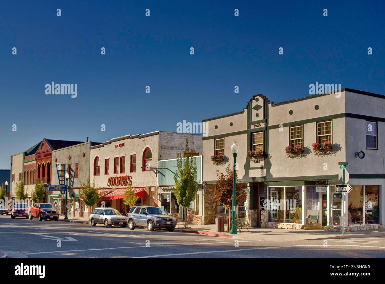 Shops in 19th century buildings on Main Street in Quincy in northern ...