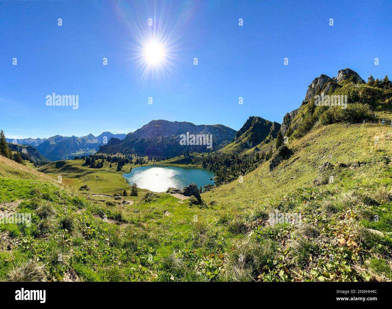 Seebergsee in a hollow, Diemtigtal nature Park, Diemtig, Switzerland ...