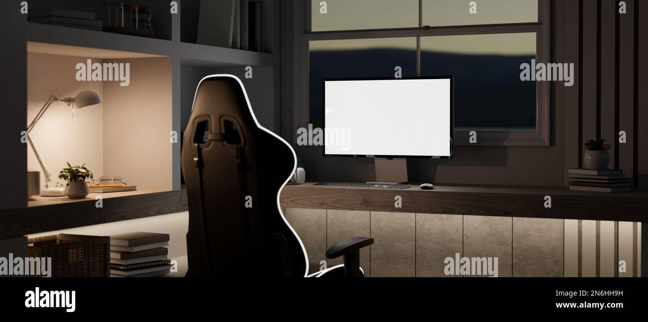 Modern home gaming station at night with modern PC computer blank ...