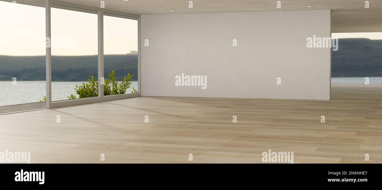 Modern spacious empty room with large glass wall and amazing nature ...