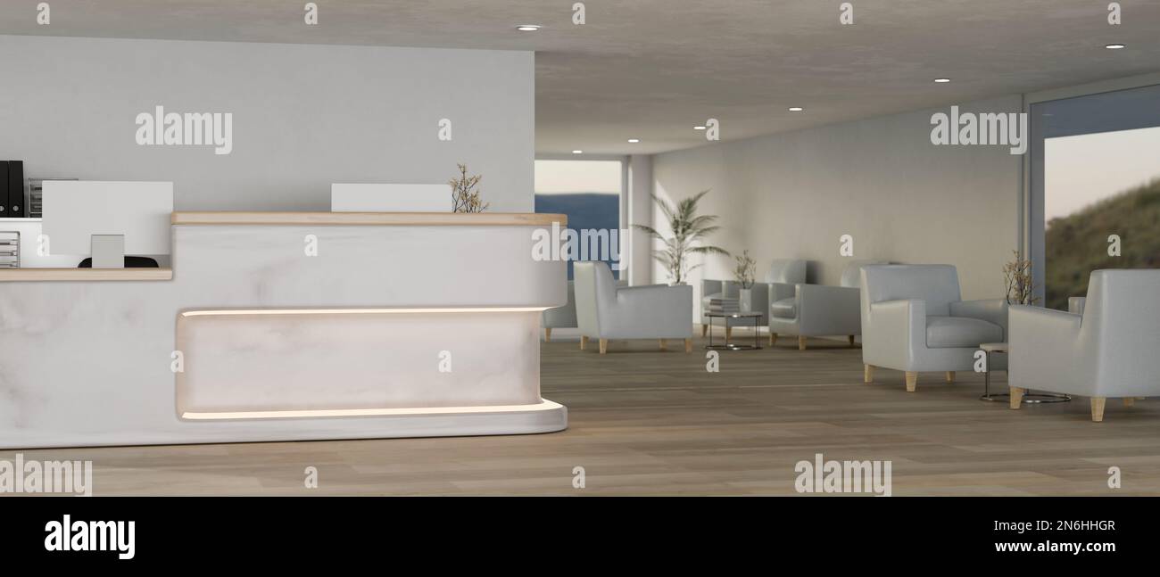 Modern contemporary hotel lounge with reception counter and waiting ...