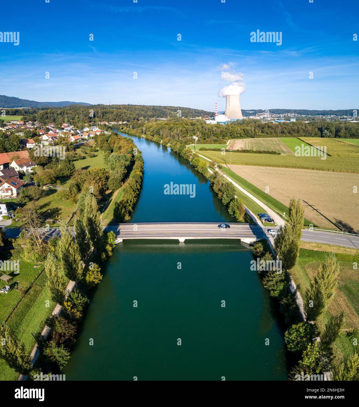 Aare canal, aerial view, Obergoesgen on the left bank of the river ...