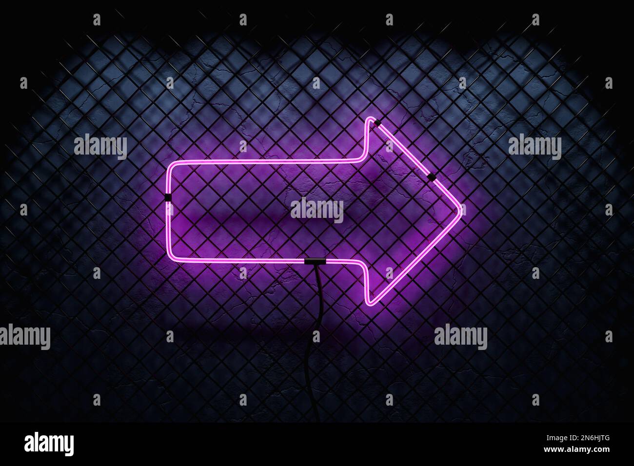 3D illustration of the neon pink arrow on a mesh wall. Realistic shiny ...