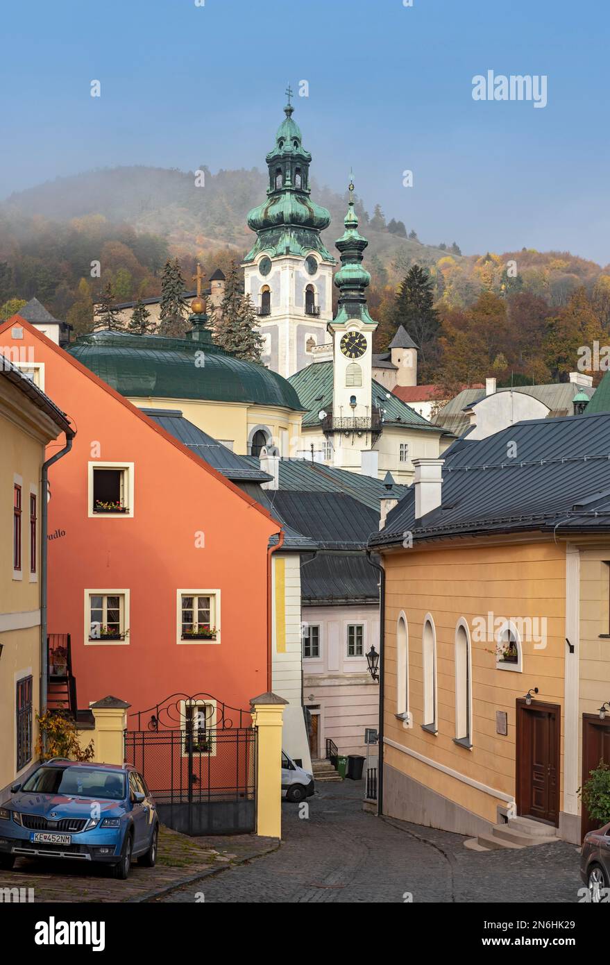 Old Castle and Town hall towers, Banska Stiavnica, Slovakia Stock Photo ...