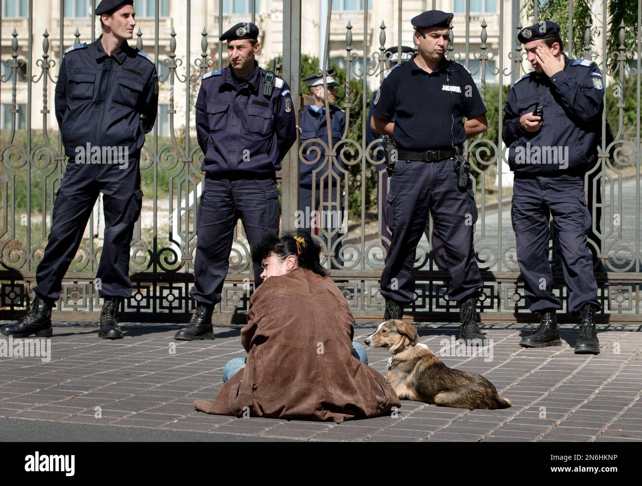 A woman sits with her dog on the pavement in front of a line of riot ...