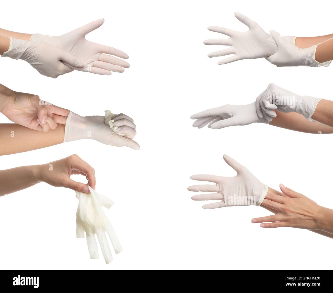 Right way to take off medical gloves. Collage with photos of woman ...