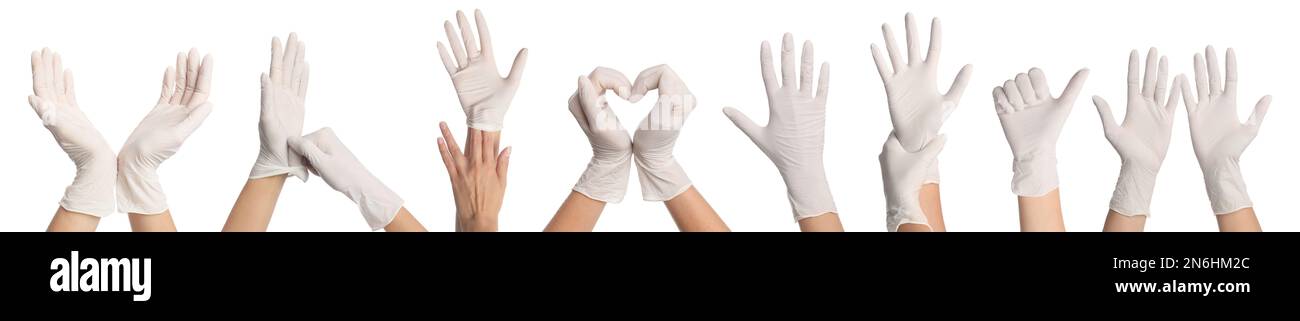 Collage with photos of woman wearing medical gloves on white background ...