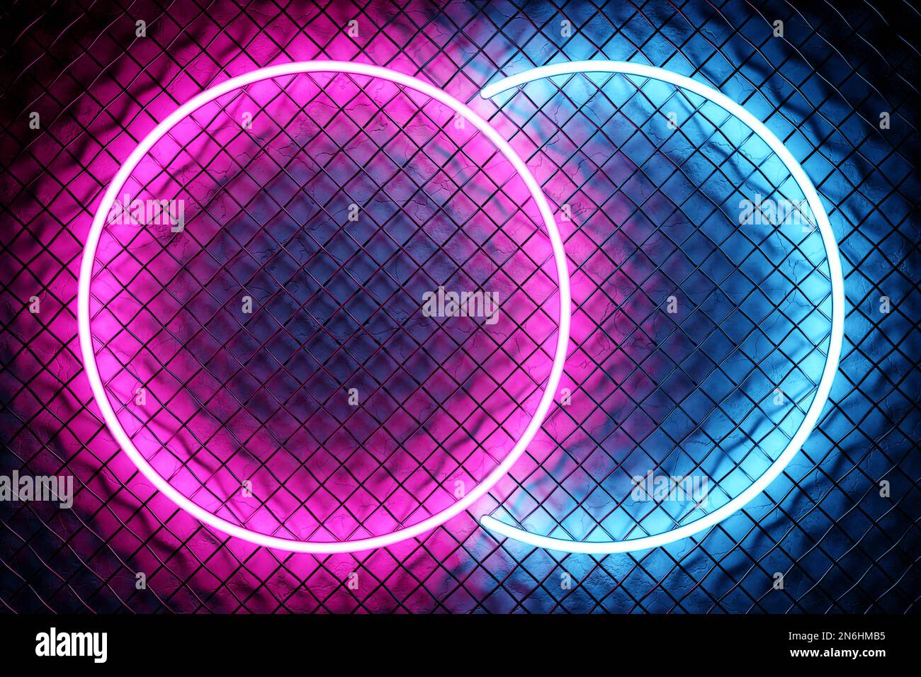 Glowing pink and blue neon lighting ellipse on metal mesh background ...