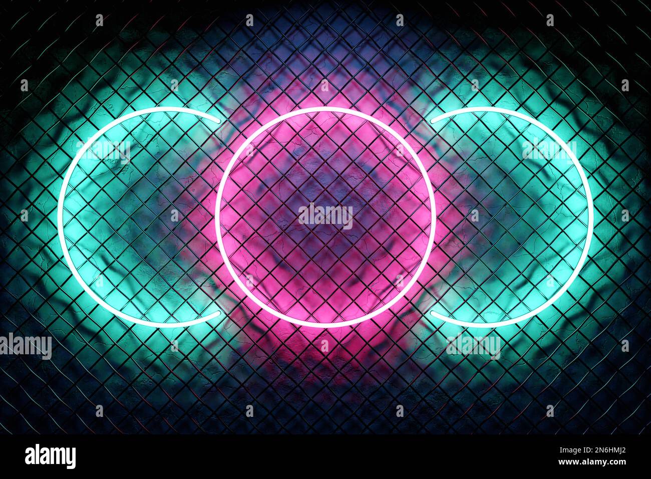 Glowing pink and green neon lighting ellipse on metal mesh background ...