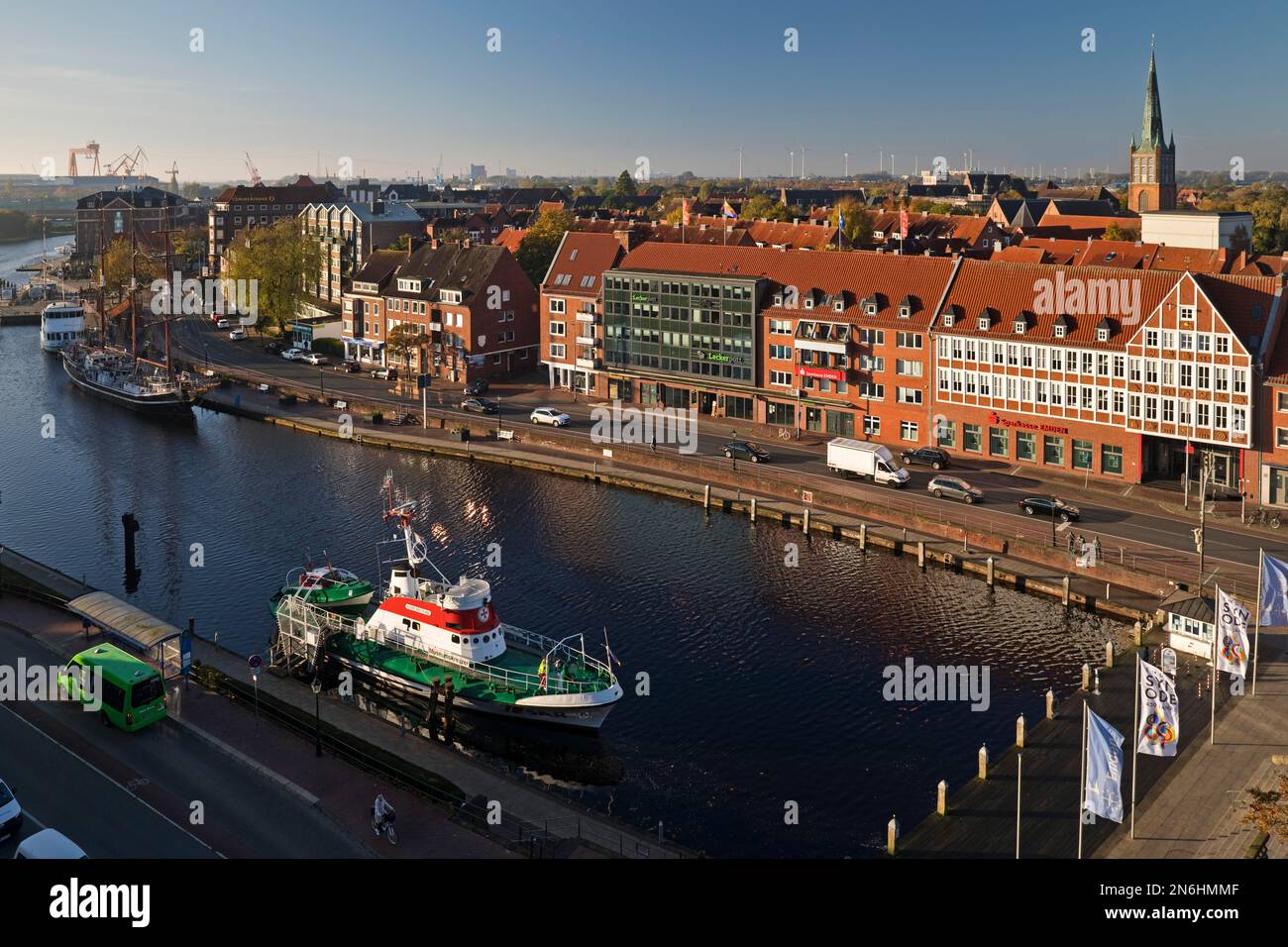 City view from the town hall tower with the museum ship Georg Breusing ...